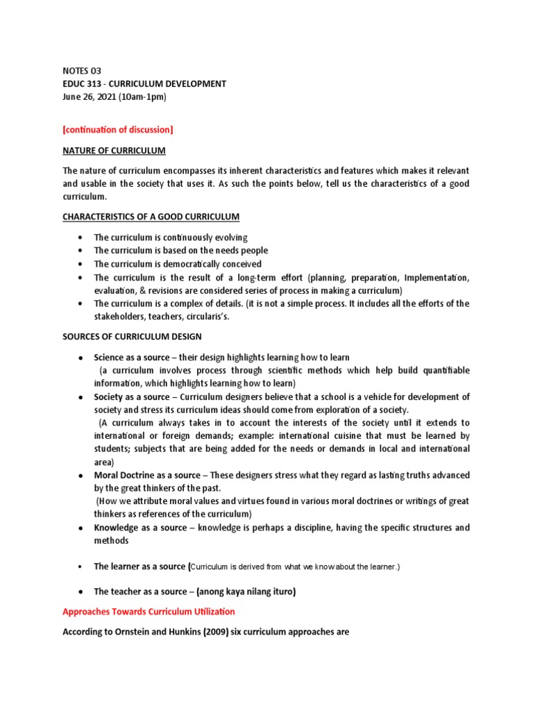Educ 313 - Curriculum Development: (Continuation of Discussion) | PDF | Curriculum | Learning