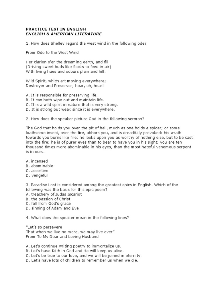 English & American Literature: Practice Test in English | PDF