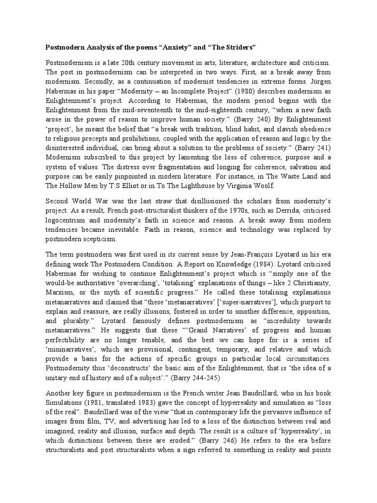 Postmodern Analysis of The Poems "Anxiety" and "The Striders" | PDF ...