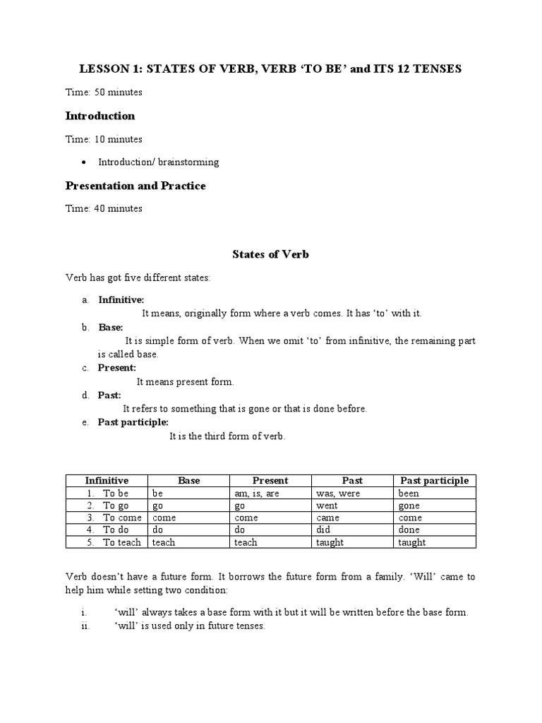 Lesson 1: States of Verb, Verb To Be' and Its 12 Tenses: Infinitive ...