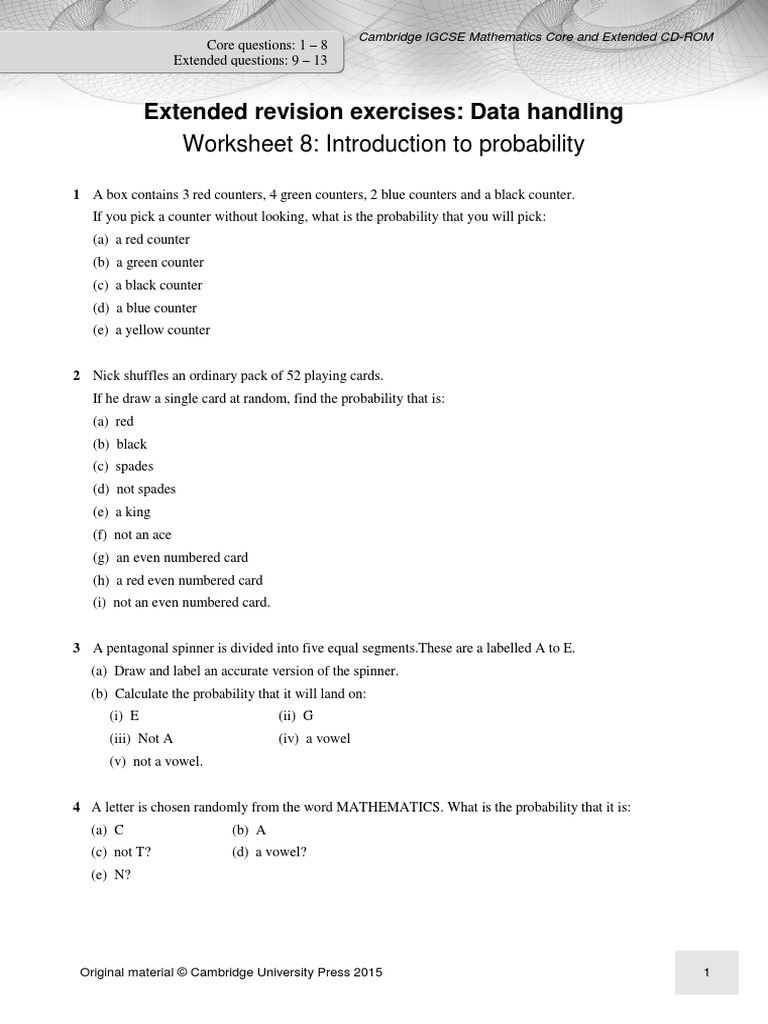 Extended Revision Exercises: Data Handling: Worksheet 8: Introduction To Probability | Descargar ...