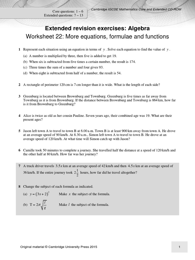 Worksheet 22: More Equations, Formulae and Functions: Extended Revision ...