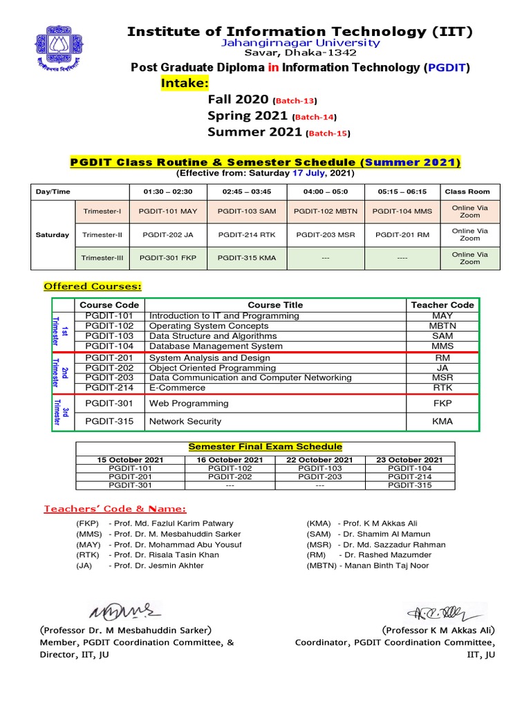 PGDIT Class Routine - Online Summer 2021 | PDF | Computer Data | Science And Technology
