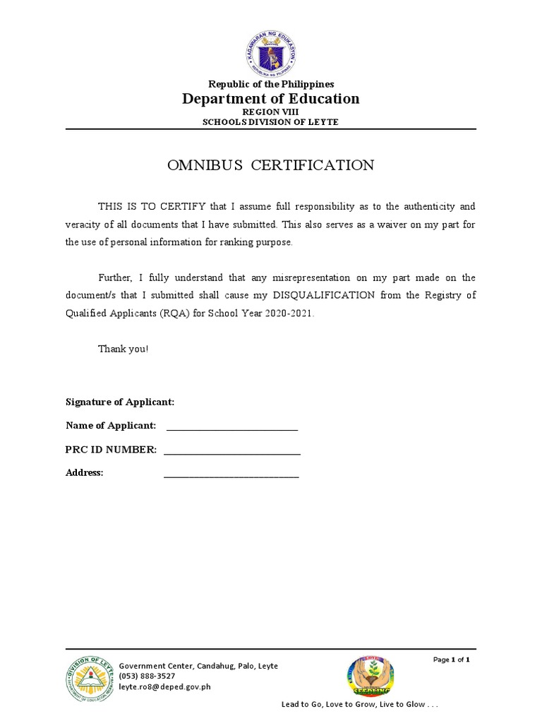 Department of Education: Omnibus Certification | PDF