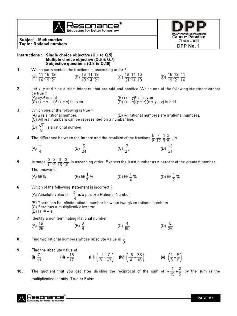 DPP - 1 To 35 Class-VIII Maths | PDF | Rectangle | Rational Number