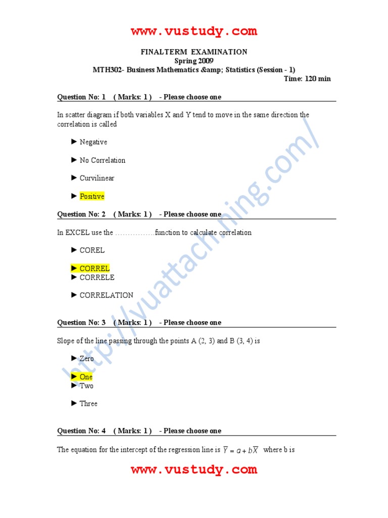 MTH302 Final Term Exam MCQs 2024 | PDF | Correlation And Dependence ...