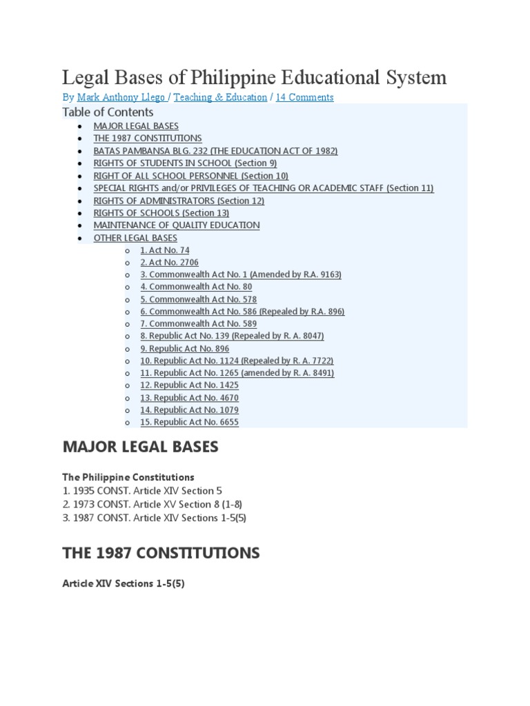 Legal Bases of Philippine Educational System | PDF | Teachers | Schools