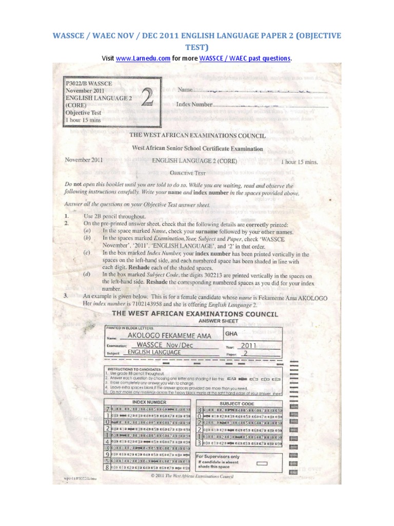 Wassce / Waec Nov / Dec 2011 English Language Paper 2 (Objective Test ...