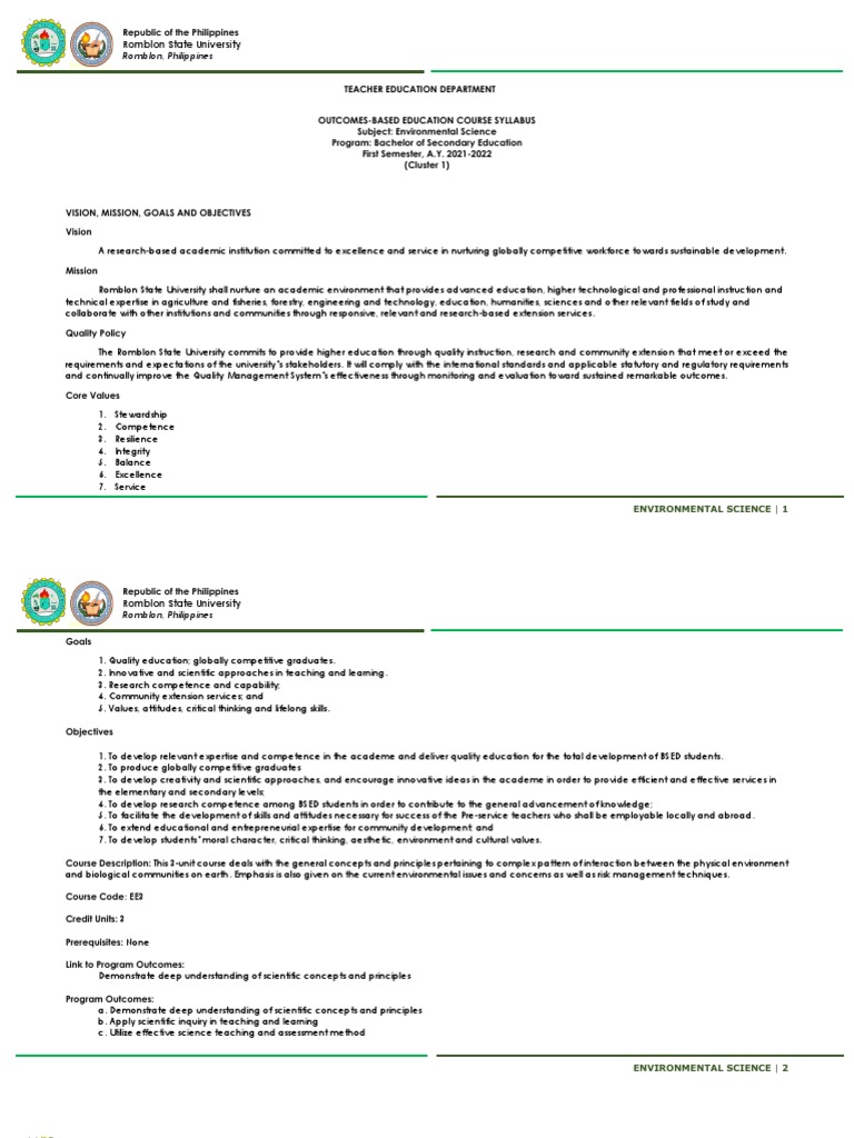 OBE Syllabus ENVI - SCI. FIRST SEMESTER Cluster 1 | PDF | Natural Environment | Science