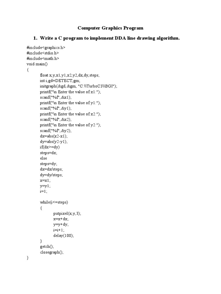 Computer Graphics Program 1 Write A C Program To Implement Dda Line Drawing Algorithm Pdf