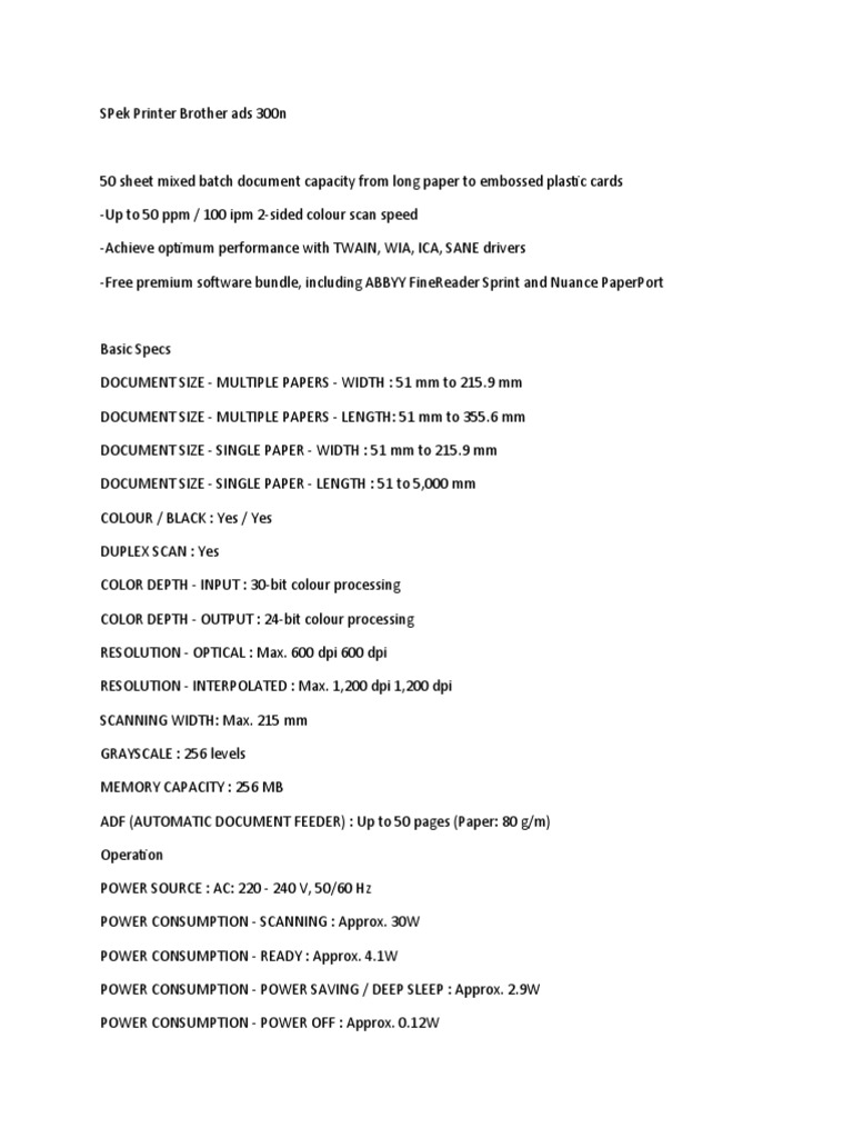 SPek Printer Brother Ads 300n | PDF | Printer (Computing) | Computing