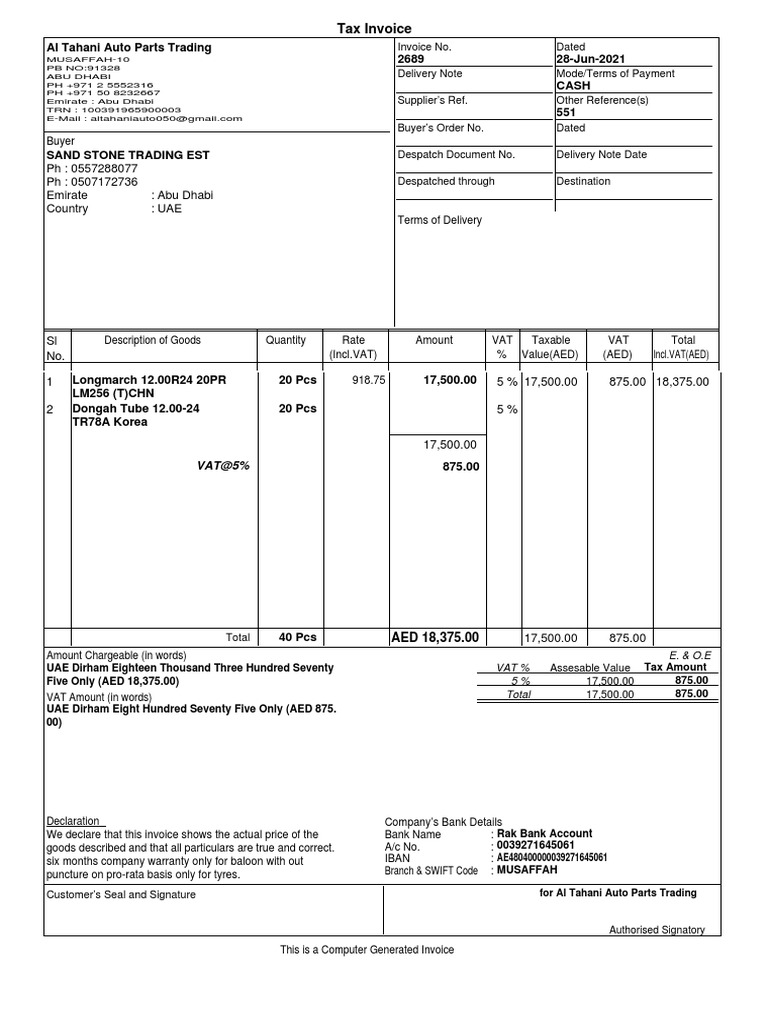 Al Tahani Auto Parts Trading: Tax Invoice | PDF | Invoice | Value Added Tax