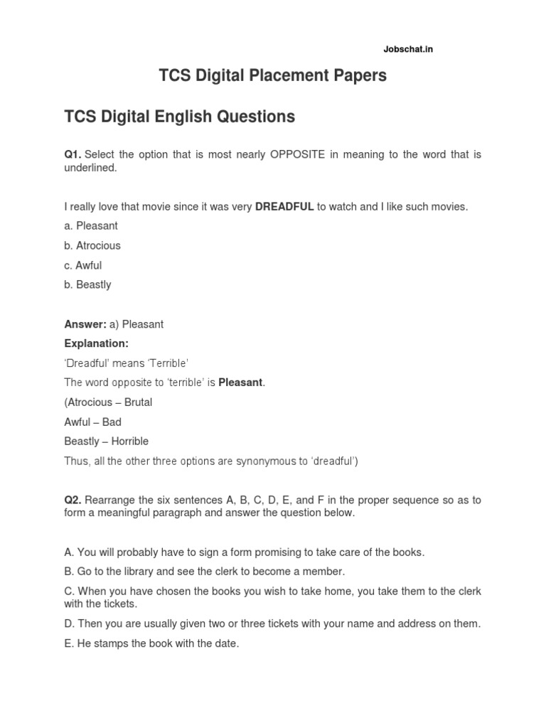 TCS Digital Placement Papers | PDF | Syntax | Grammar
