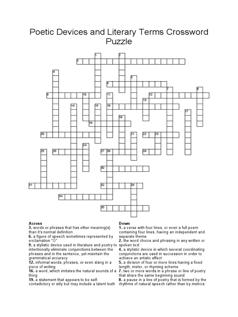 Poetic Devices Crossword Puzzle | PDF | Poetry | Metre (Poetry)