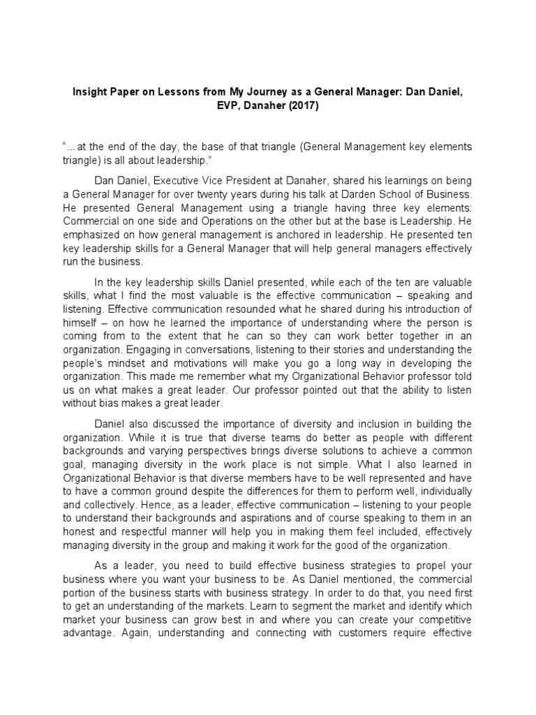 Insight Paper On Lessons From My Journey As A General Manager ...
