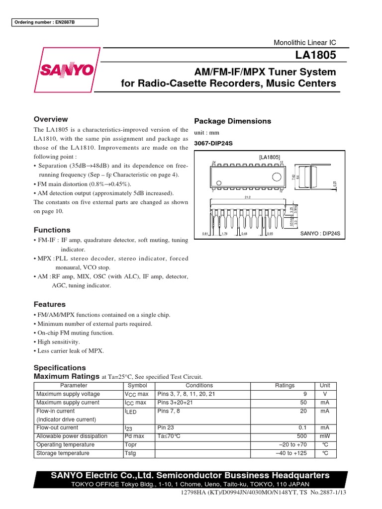Datasheet LA1805 (AM-FM-IF-MPX Tuner System) | PDF | Frequency ...