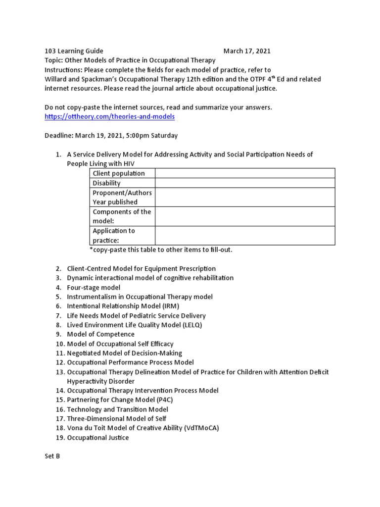 103 Guide To Other Models of Practice | PDF | Occupational Therapy ...