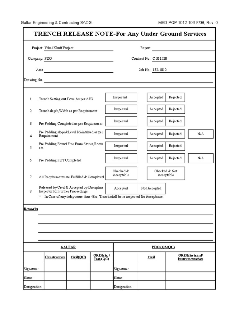Trench Release Note for Yibal Khuff Project | PDF