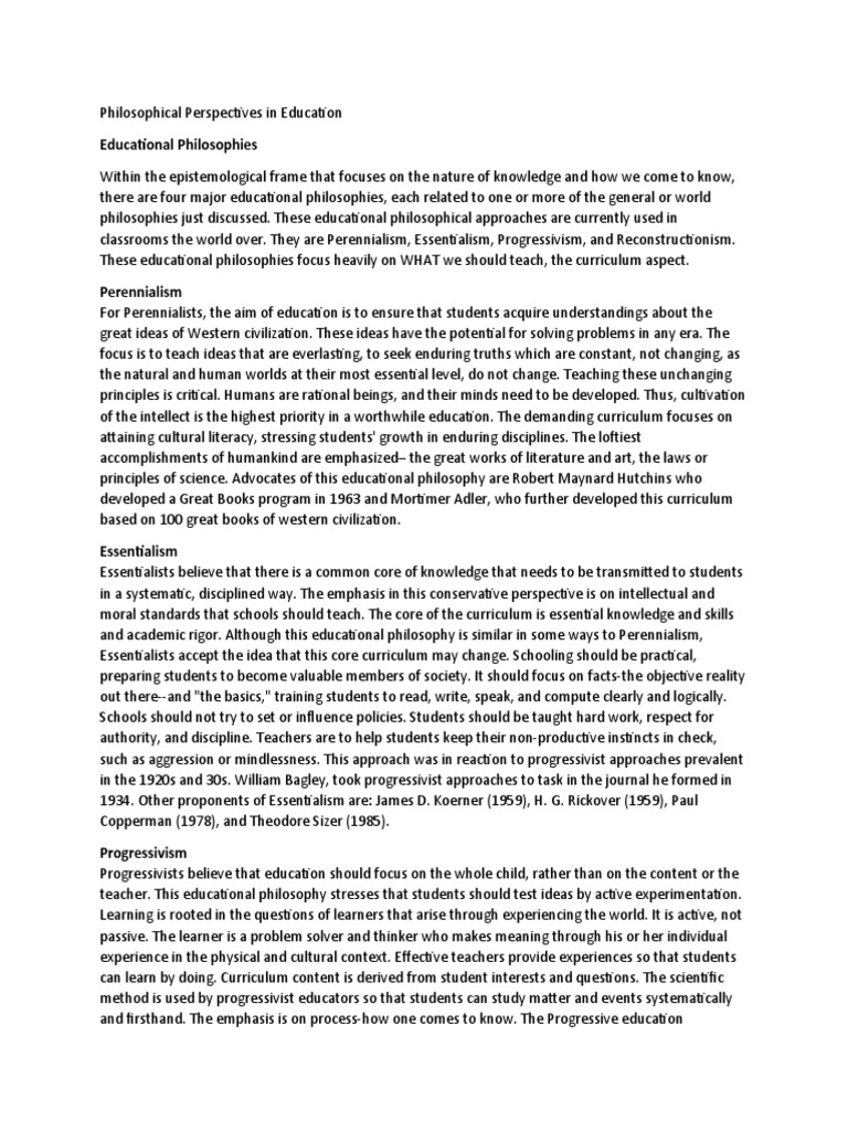 Four Major Educational Philosophies: Perennialism, Essentialism, Progressivism, and ...