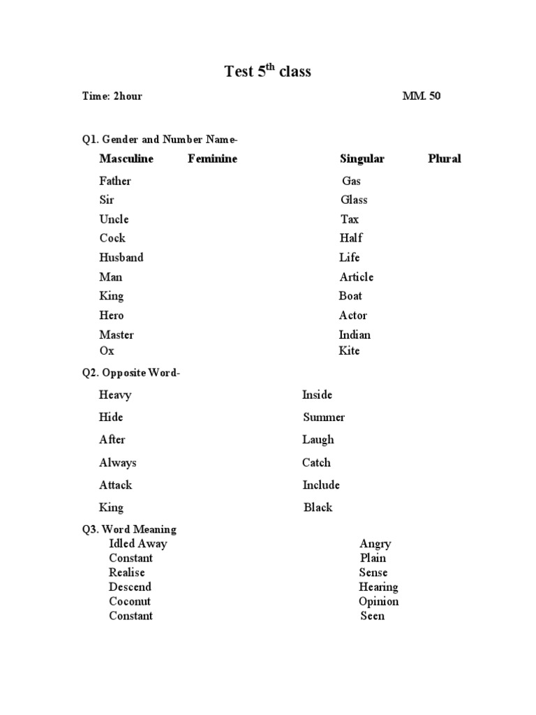 5th Class Test English | PDF