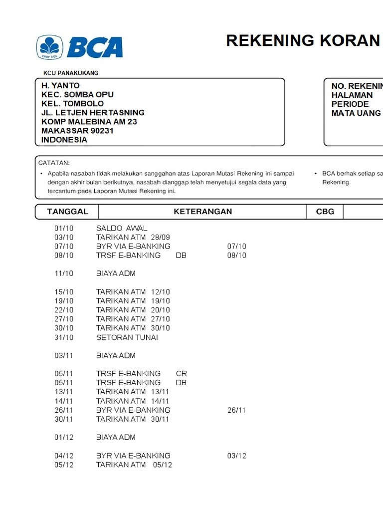 Rekening Koran Bcaxlsx PDF Free | PDF