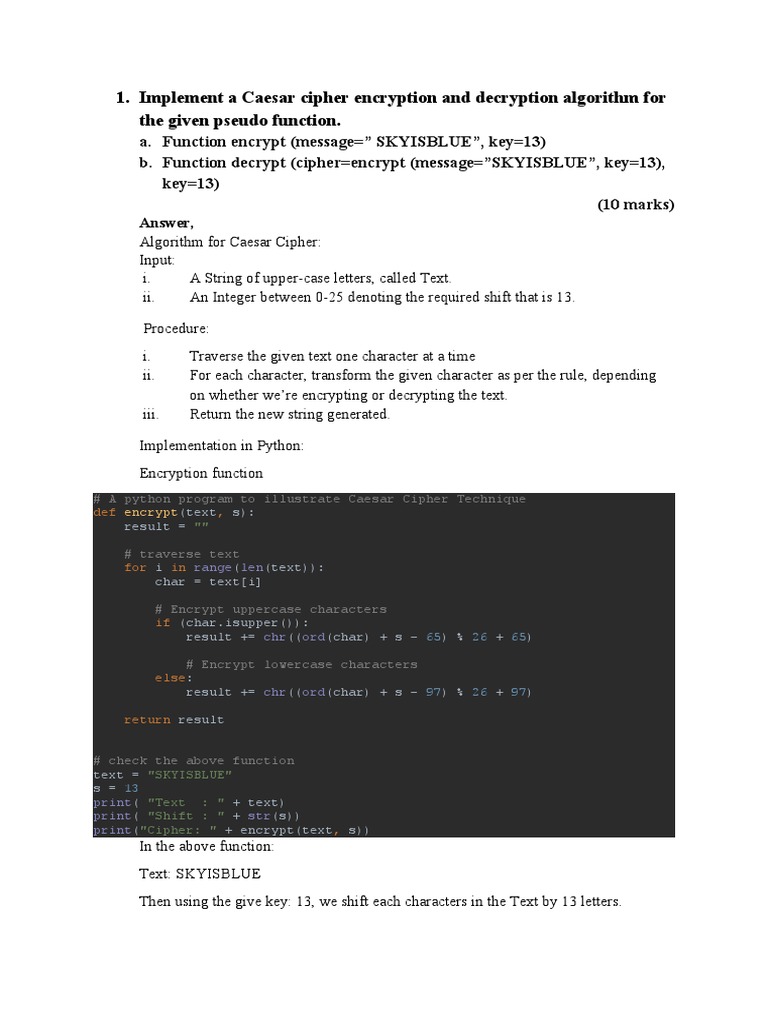 Implement A Caesar Cipher Encryption and Decryption Algorithm For The ...