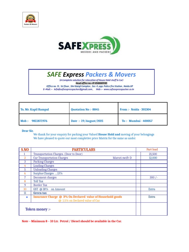 SAFExpress Packers & Movers | PDF | Insurance | Packaging And Labeling