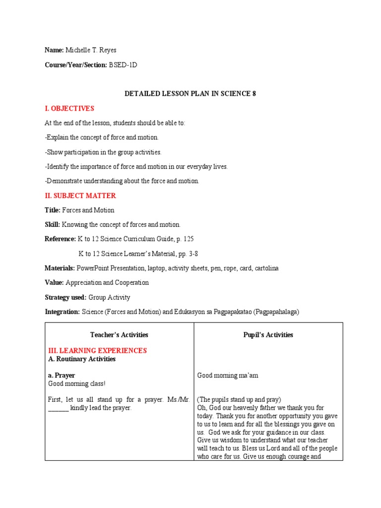 Grade 8 Force and Motion Lesson Plan | PDF | Force | Lesson Plan