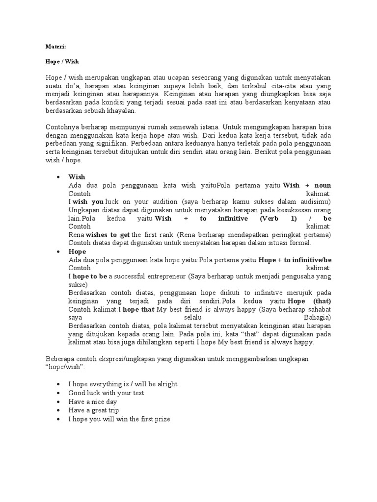 Materi Penggunaan Hope dan Wish | PDF | Seni & Disiplin Bahasa