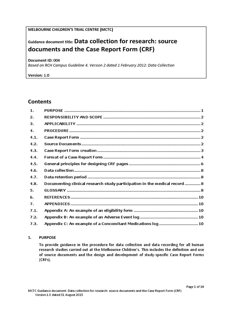 Data Collection For Research Source Documents and The Case Report Form ...