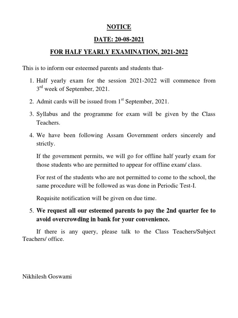 Notice (Half-Yearly Exam) | PDF | Career & Growth
