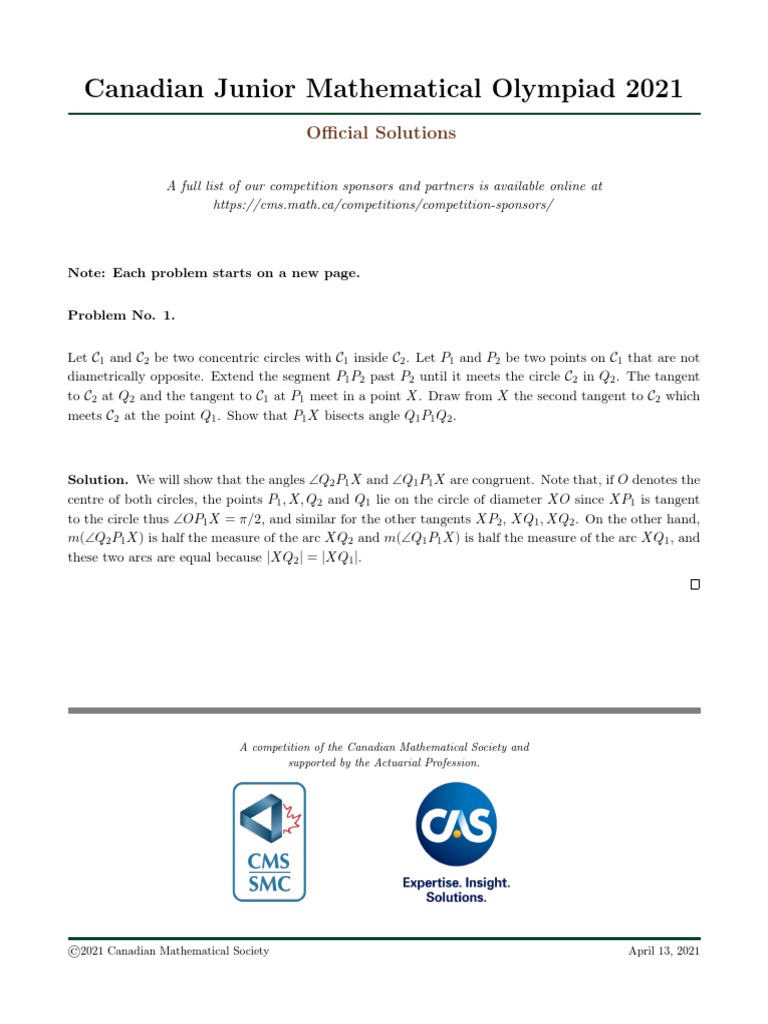 Canadian Junior Mathematical Olympiad 2021: Official Solutions | PDF ...