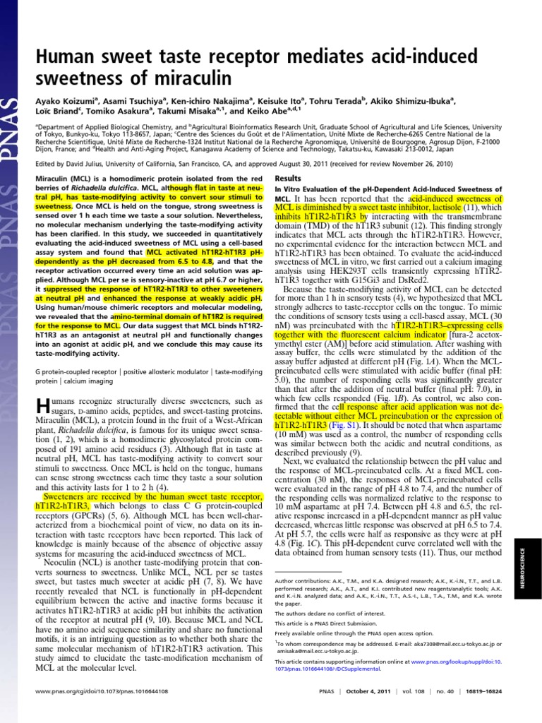 Human Sweet Taste Receptor Mediates Acid-Induced Sweetness of Miraculin ...