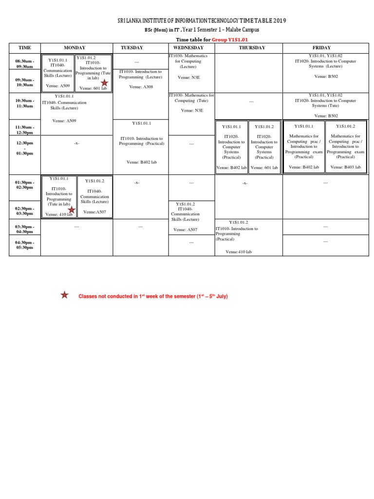 Sri Lanka Institute of Information Technology Time Table 2019 Year 1 ...