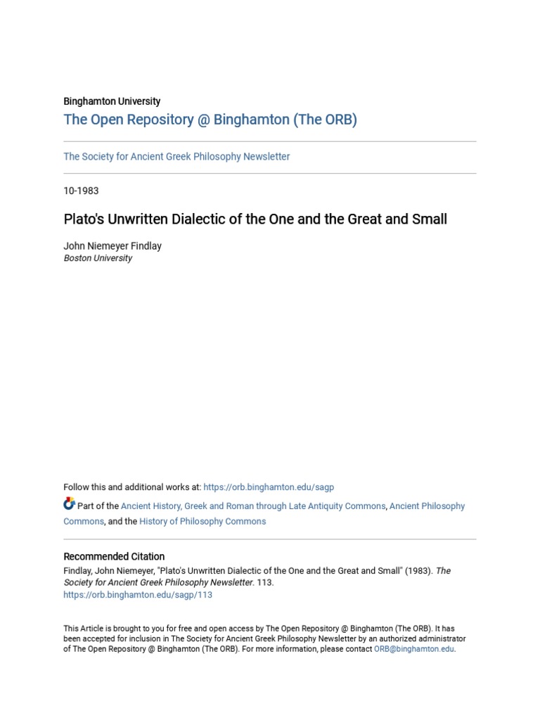 Findlay, Plato's Unwritten Dialectic of The One and The Great and Small ...