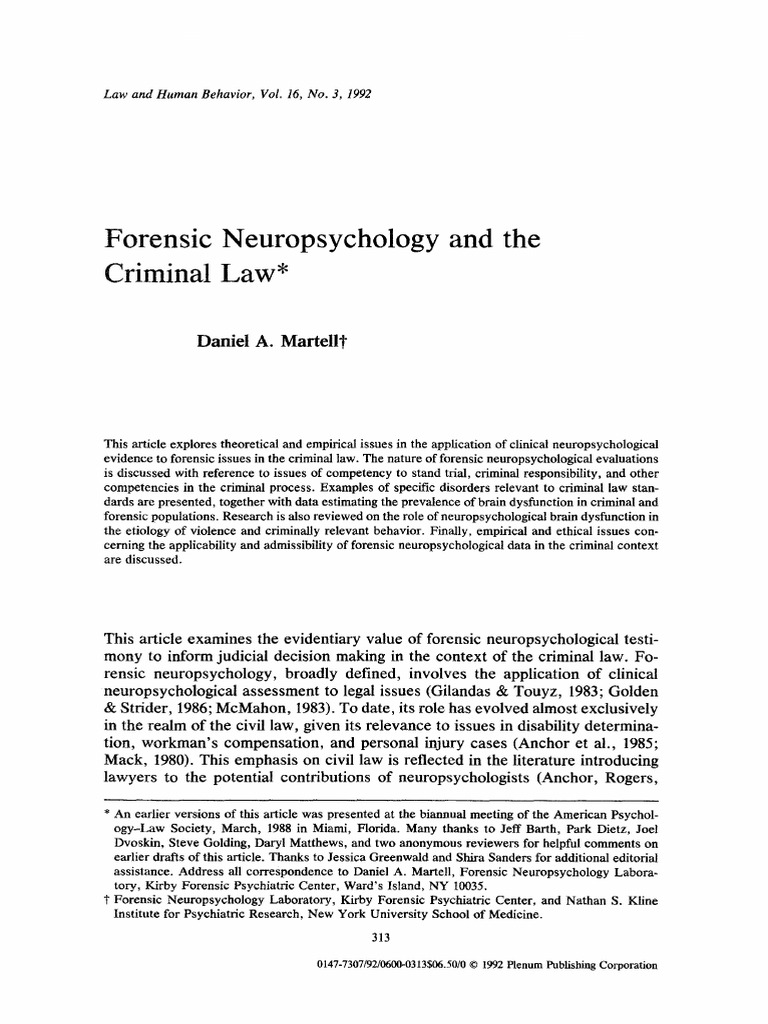 Forensic Neuropsychology and The Criminal Law | PDF | Insanity Defense | Neuropsychology