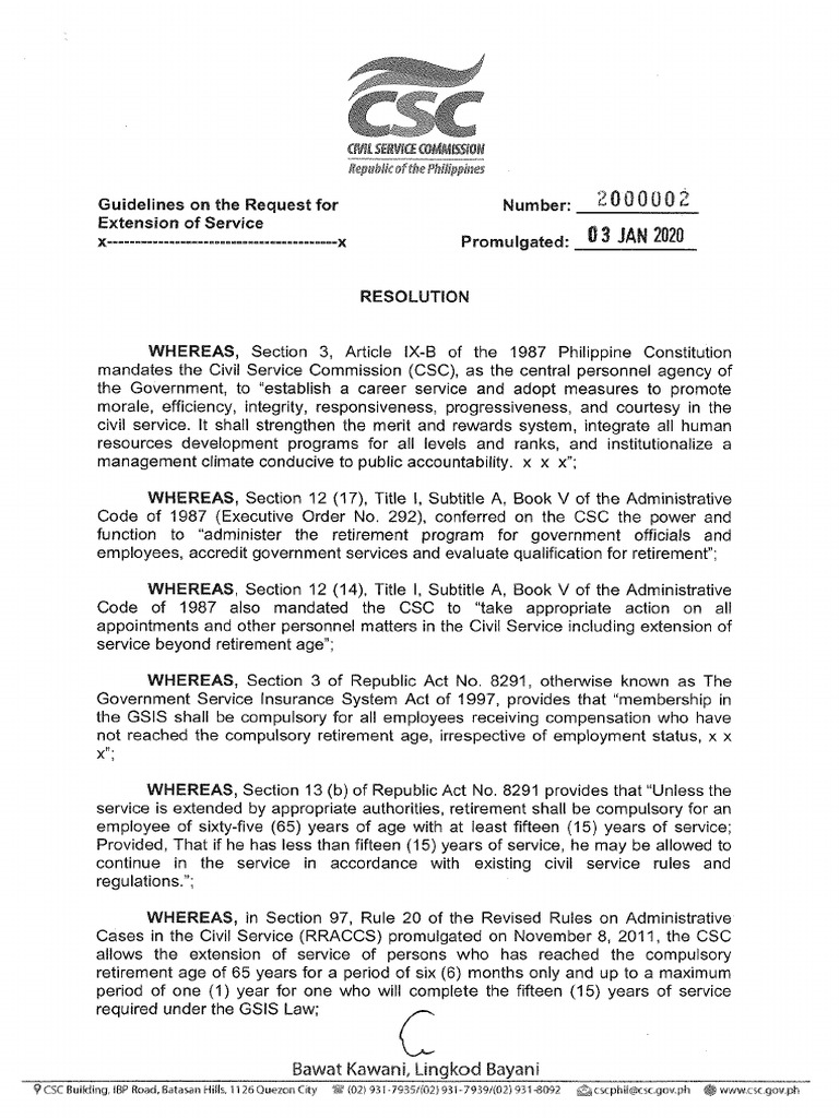 Reso No. 2000002, Guidelines On The Request For Extension of Service | PDF