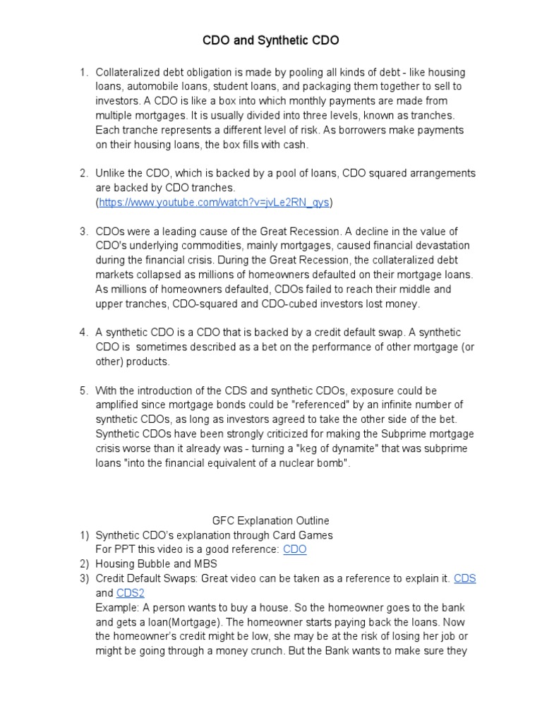 CDO and Synthetic CDO | PDF | Collateralized Debt Obligation ...