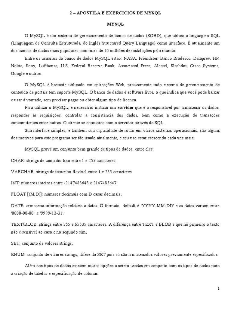 Apostila de Banco de Dados MySql e PhpMyAdmin e Exercicios | PDF | My Sql | Dados
