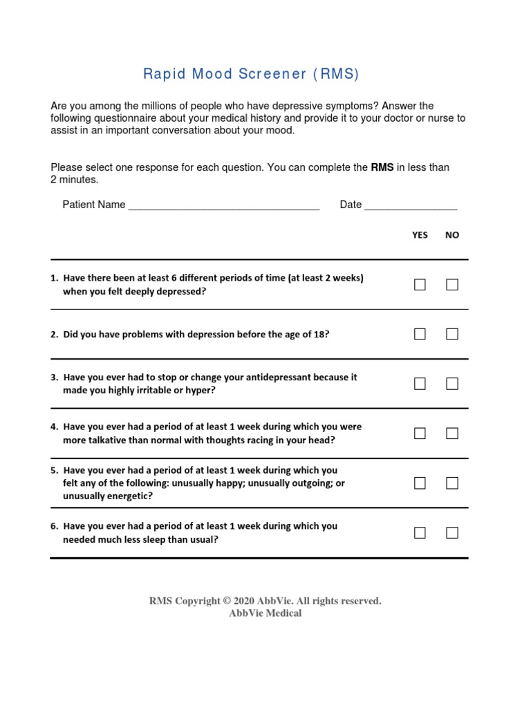 Rapid Mood Screener (RMS) : Abbvie Medical | PDF | Mood Disorders ...