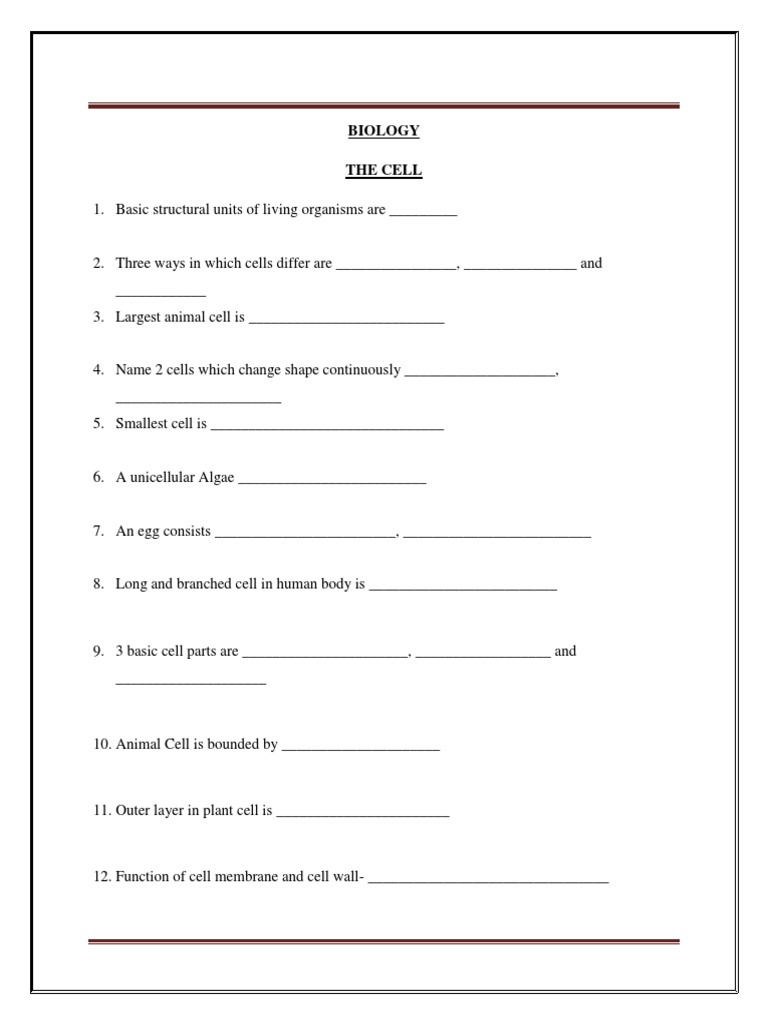 Grade 8 Cell Structure Worksheet | PDF