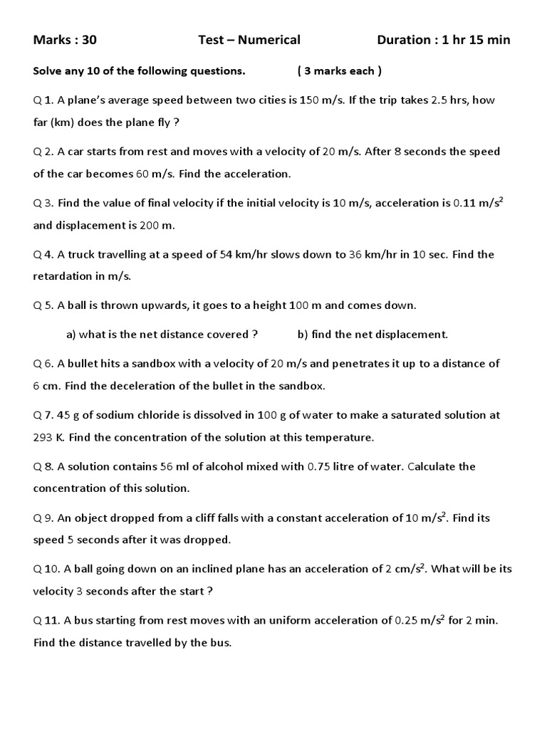 Class 9 Science Numerical Test Questions | PDF | Home & Garden