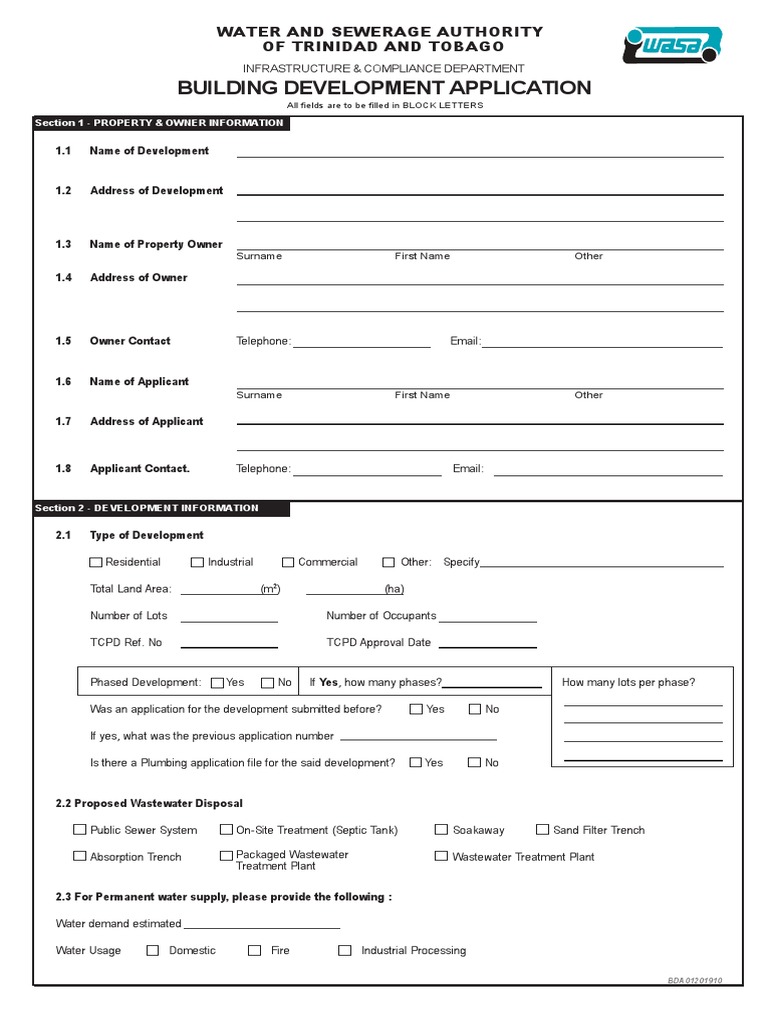 WASA Building Development Application Form | PDF | Sanitary Sewer ...