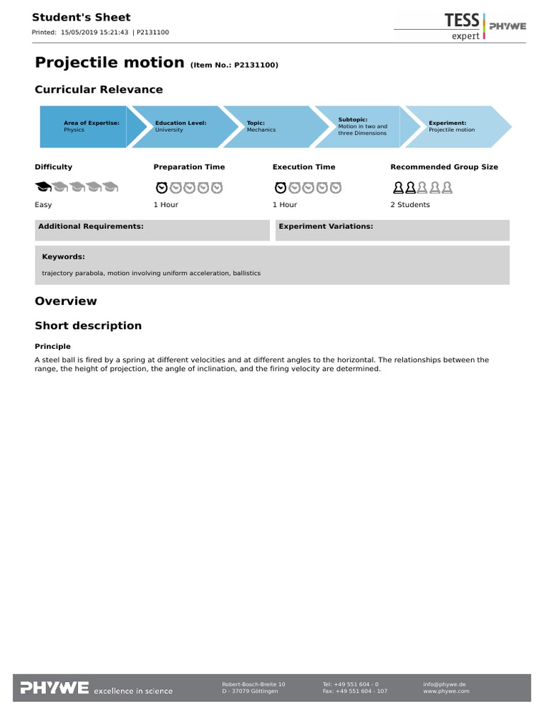 Projectile Motion: (Item No.: P2131100) | PDF | Motion (Physics) | Physics