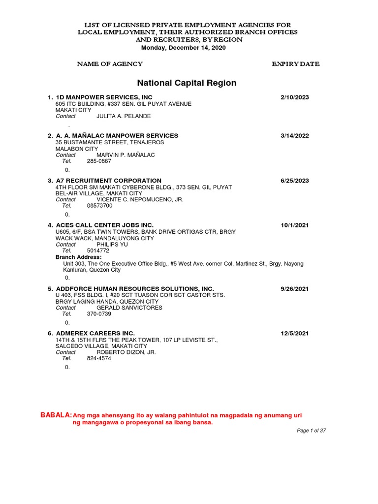 List of Licensed Private Employment Agencies For Local Employment (Dec ...