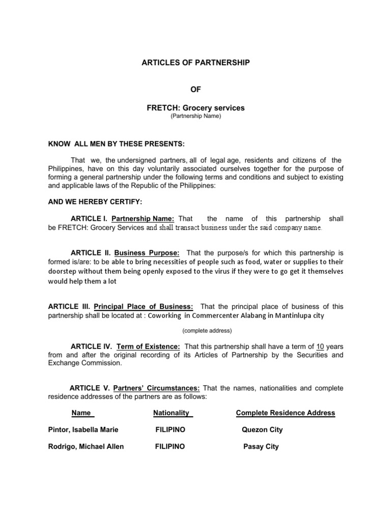 Articles of Partnership - Rodrigo, Allen | PDF | Partnership | Justice