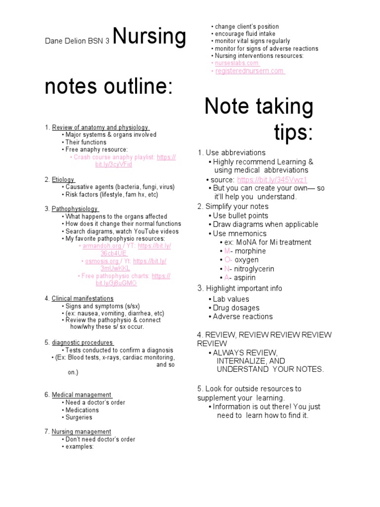 Nursing Notes Outline: Note Taking Tips | PDF | Adverse Effect ...