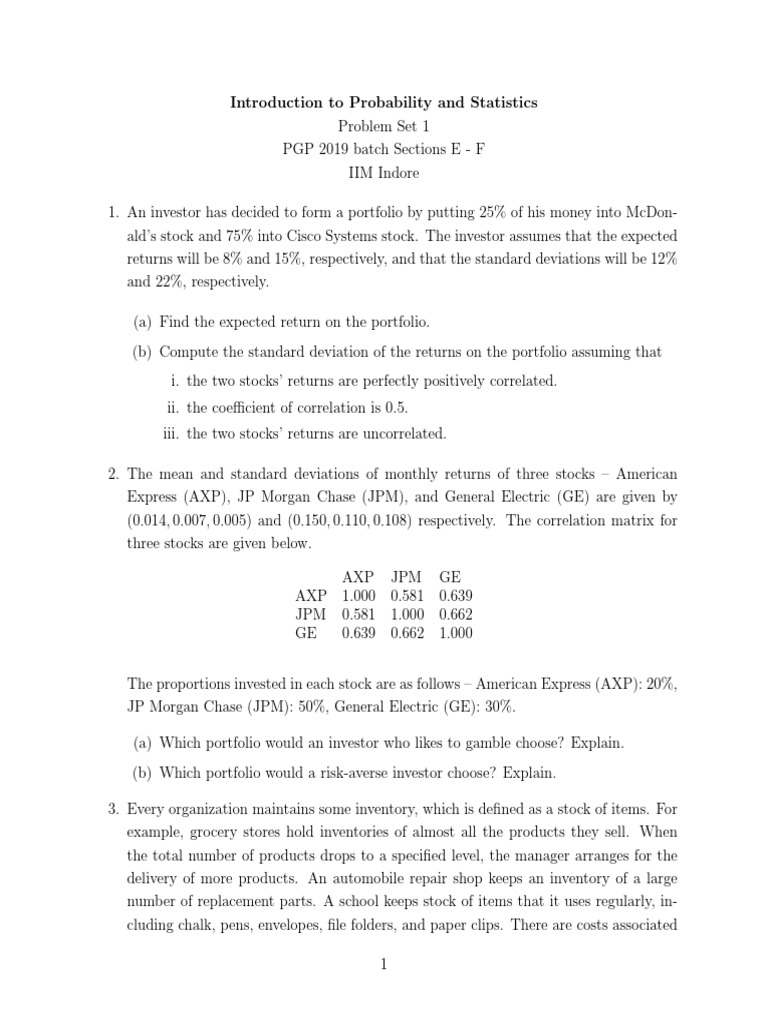 Problem Set 1 Pdf Inventory Standard Deviation