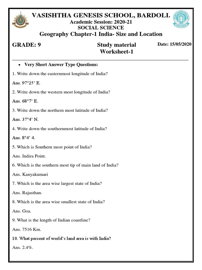 Vasishtha Genesis School, Bardoli.: Geography Chapter-1 India-Size and ...
