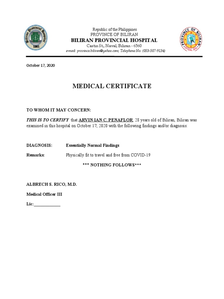 Medical Certificate: Biliran Provincial Hospital | PDF